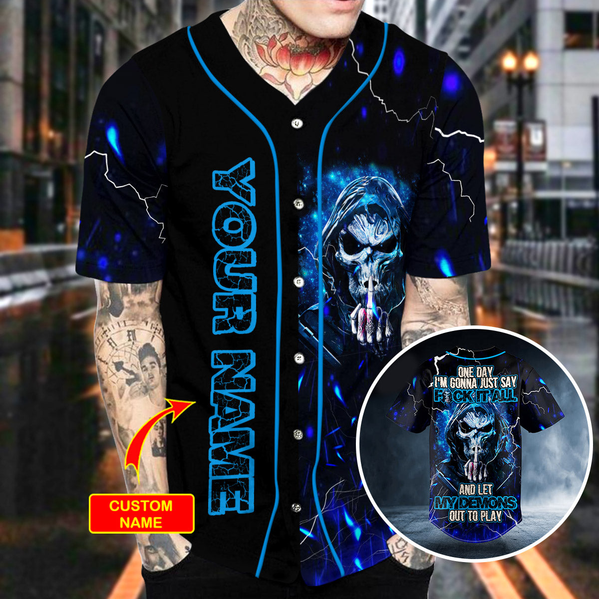 F It All Middle Finger Grim Reaper Blue Lightning Skull Custom Baseball ...